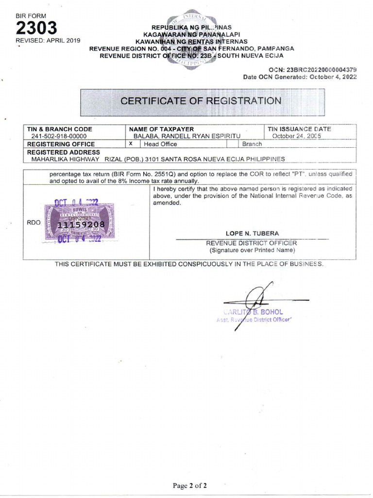 Skoolmate - BIR Certificate of Registration (2 of 2) - 2022-10-04 | PDF