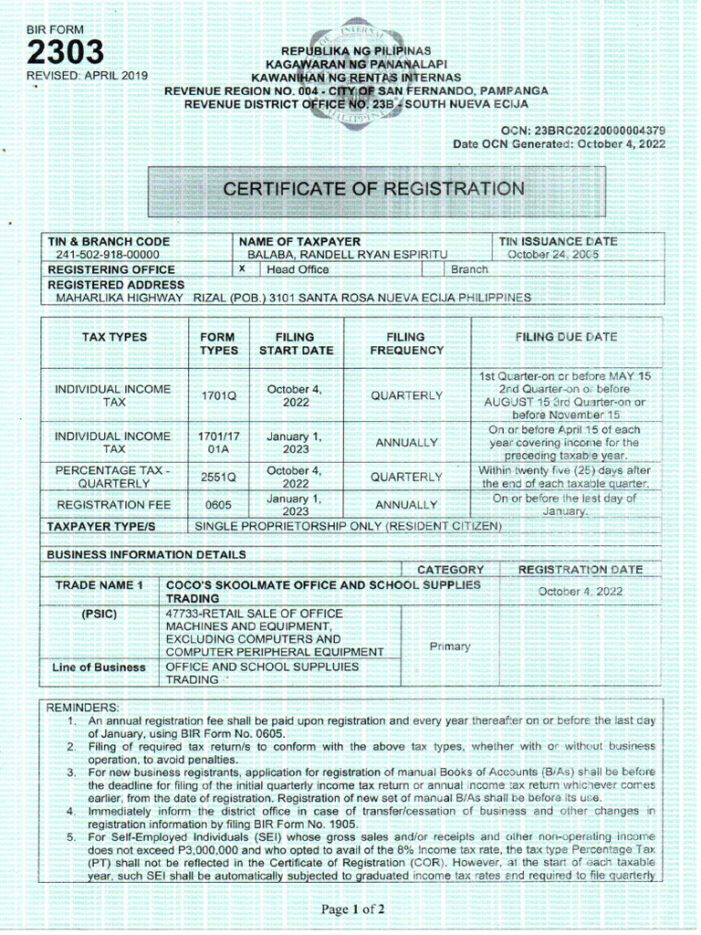 Skoolmate - BIR Certificate of Registration (1 of 2) - 2022-10-04 | PDF