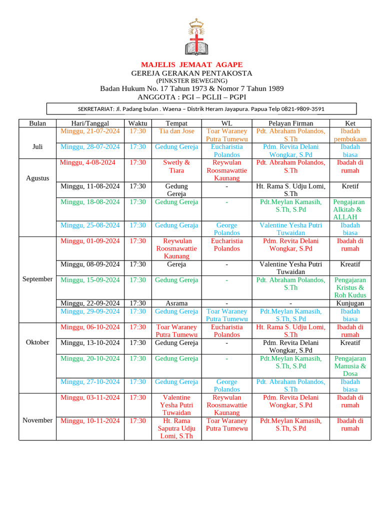 Jadwal Ibadah Pemuda Agape Jayapura | PDF