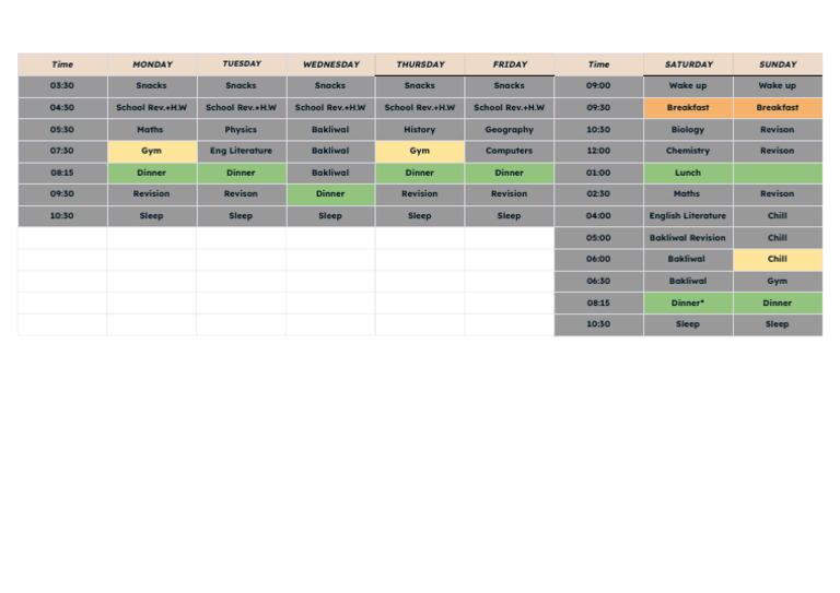 Study timetable - Sheet1 | PDF