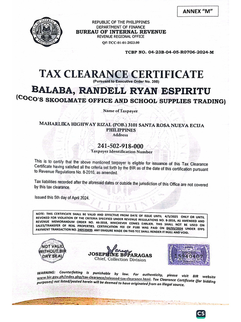 Skoolmate - BIR Tax Clearance Certificate (2025-04-05) | PDF