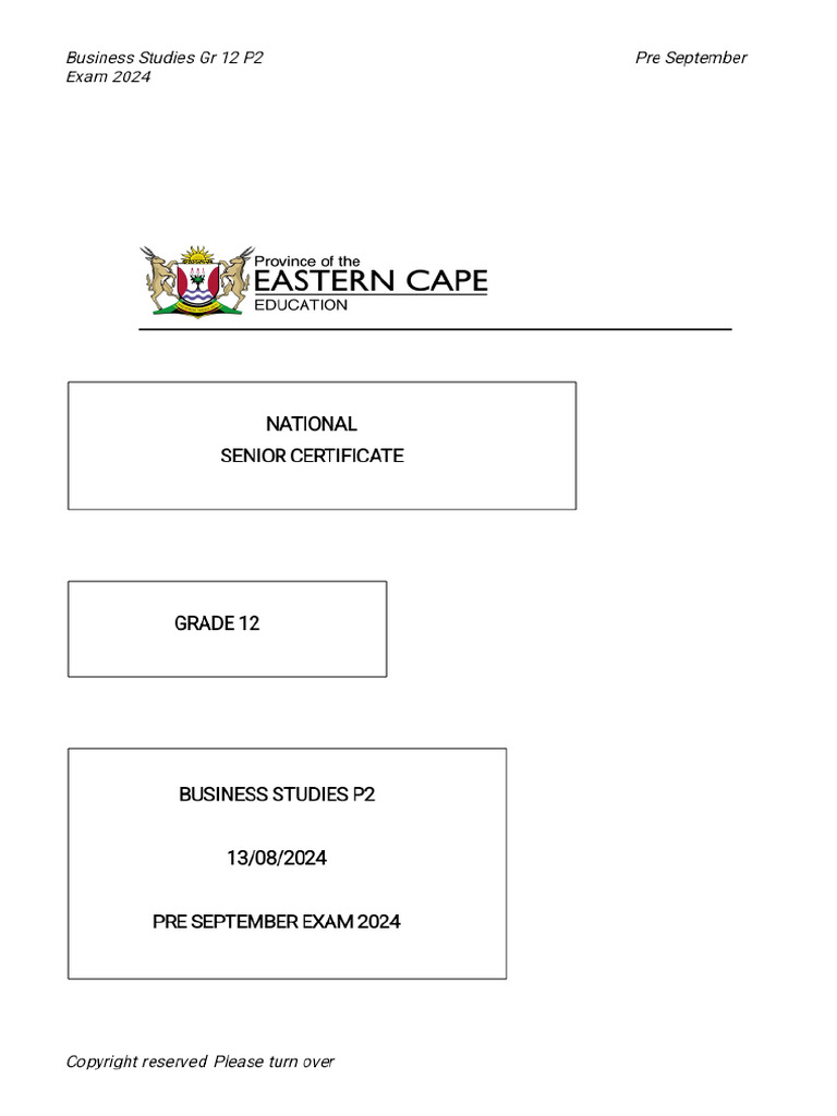 Business Studies GR 12 p2 Pre September Exam 2024 | PDF