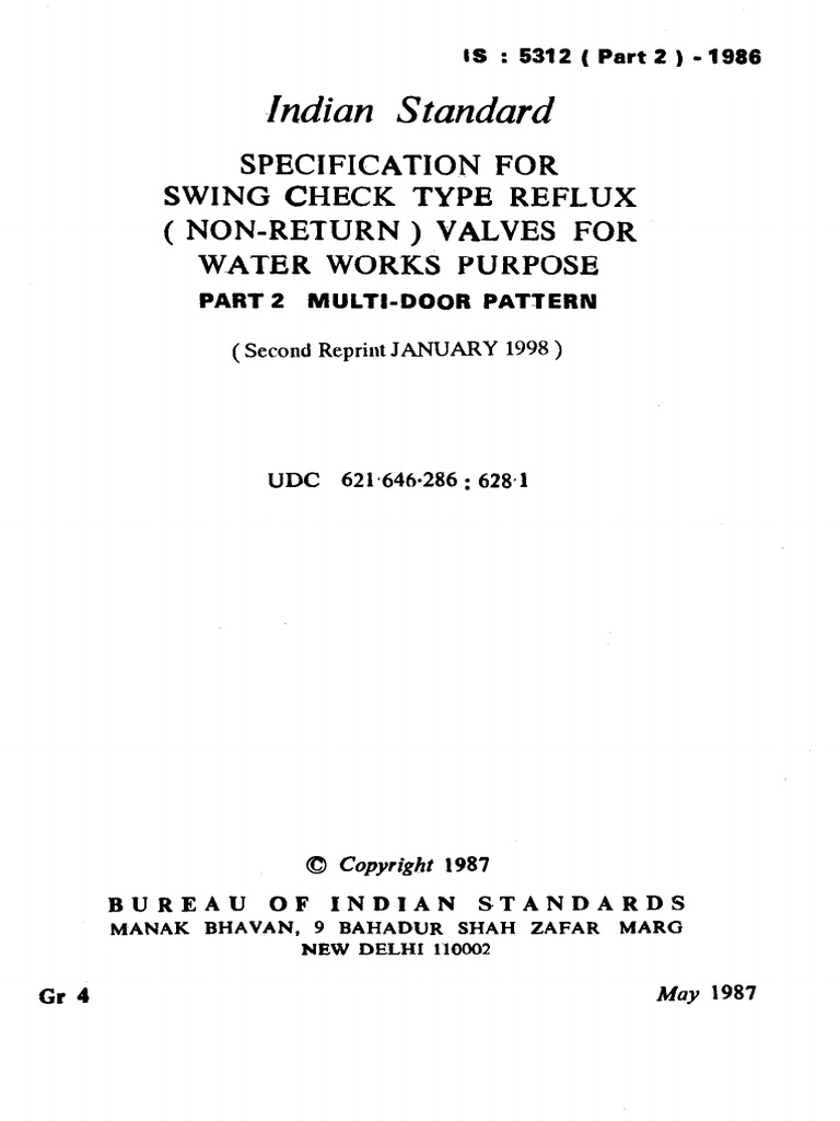 IS 5312 (Part 2) - 1986 - SPECIFICATION FOR SWING CHECK TYPE REFLUX ...