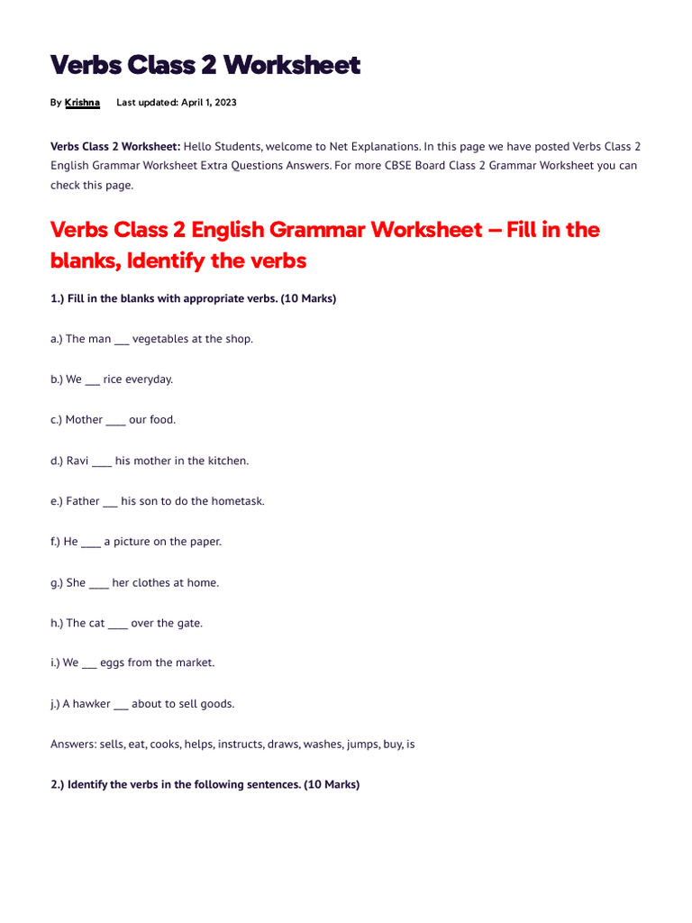 Verbs Class 2 Worksheet - English Grammar Fill in The Blanks, Identify ...