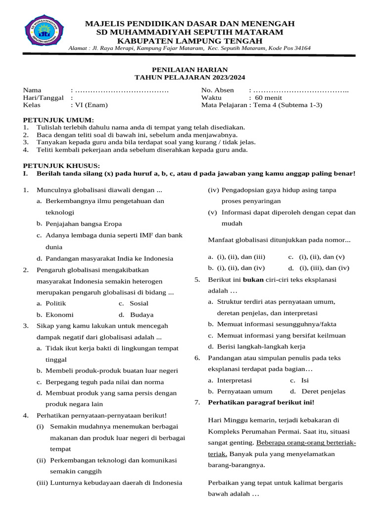 Soal UH Tema 4 Kelas 6 2023-2024 | PDF