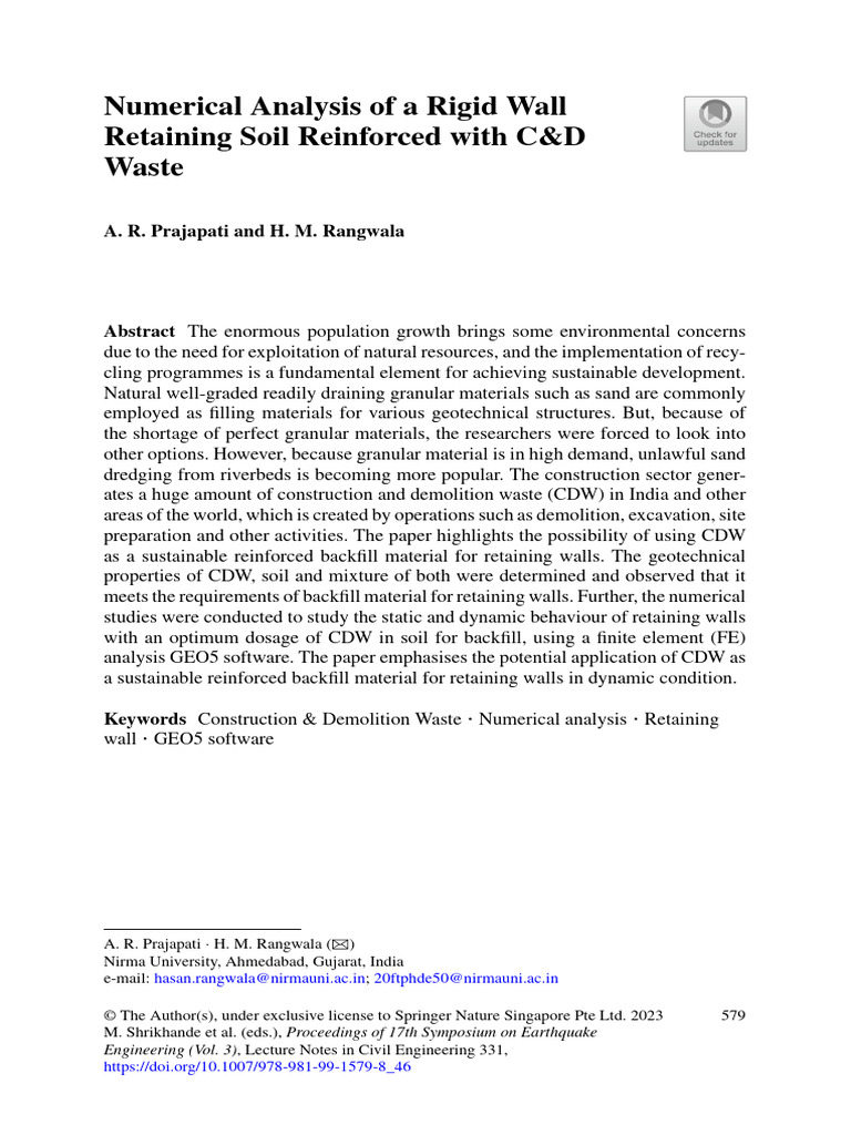 17 SEE - Numerical Analysis of A Rigid Wall Retaining Soil Reinforced With C&D Waste | PDF
