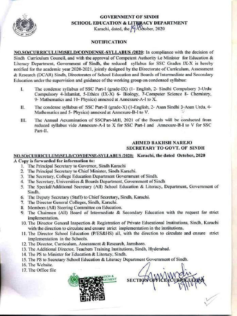 Sindh Baords Matric Short Syllabus | PDF