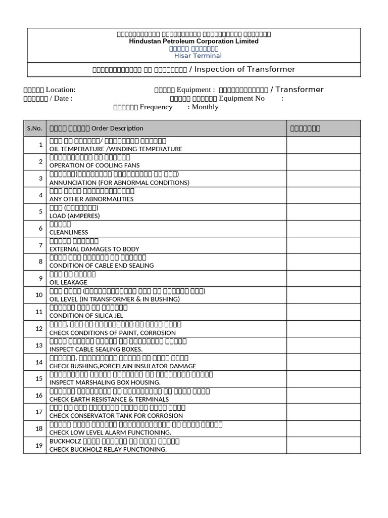 Inspection of Transformaer (Monthly) | PDF | Transformer | Electrical ...