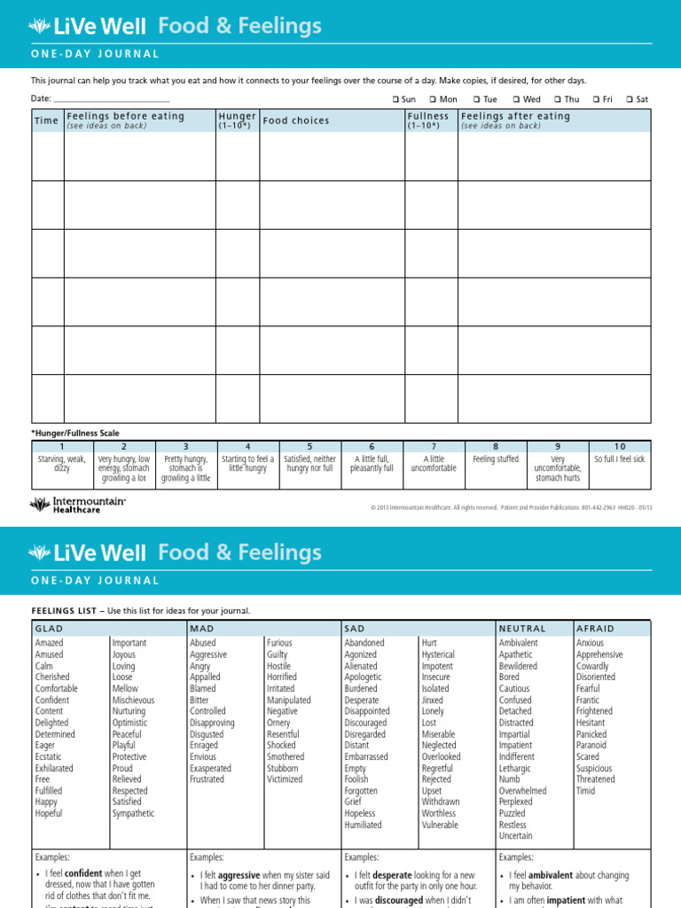 LiVe Well Food and Feelings 1-Day Journal | PDF