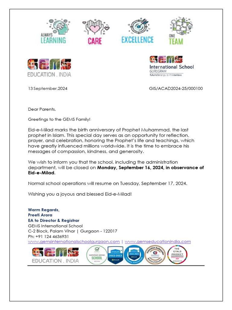 Cir 100 Circular For Eid e Milad Holiday | PDF