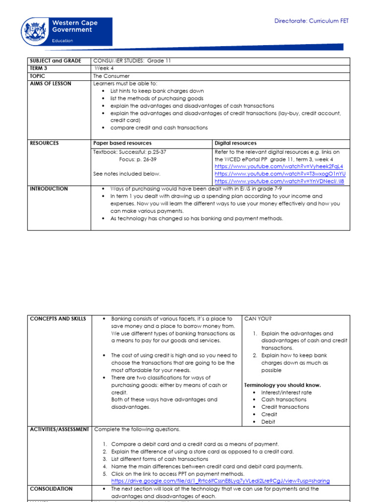 Consumer Studies Grade 11 Term 3 Week 4 - 2020 | PDF | Credit Card ...
