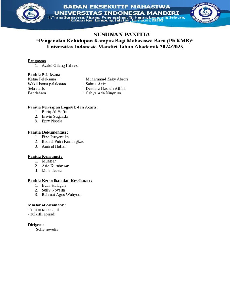 Susunan Panitia PKKMB 2024/2025 | PDF