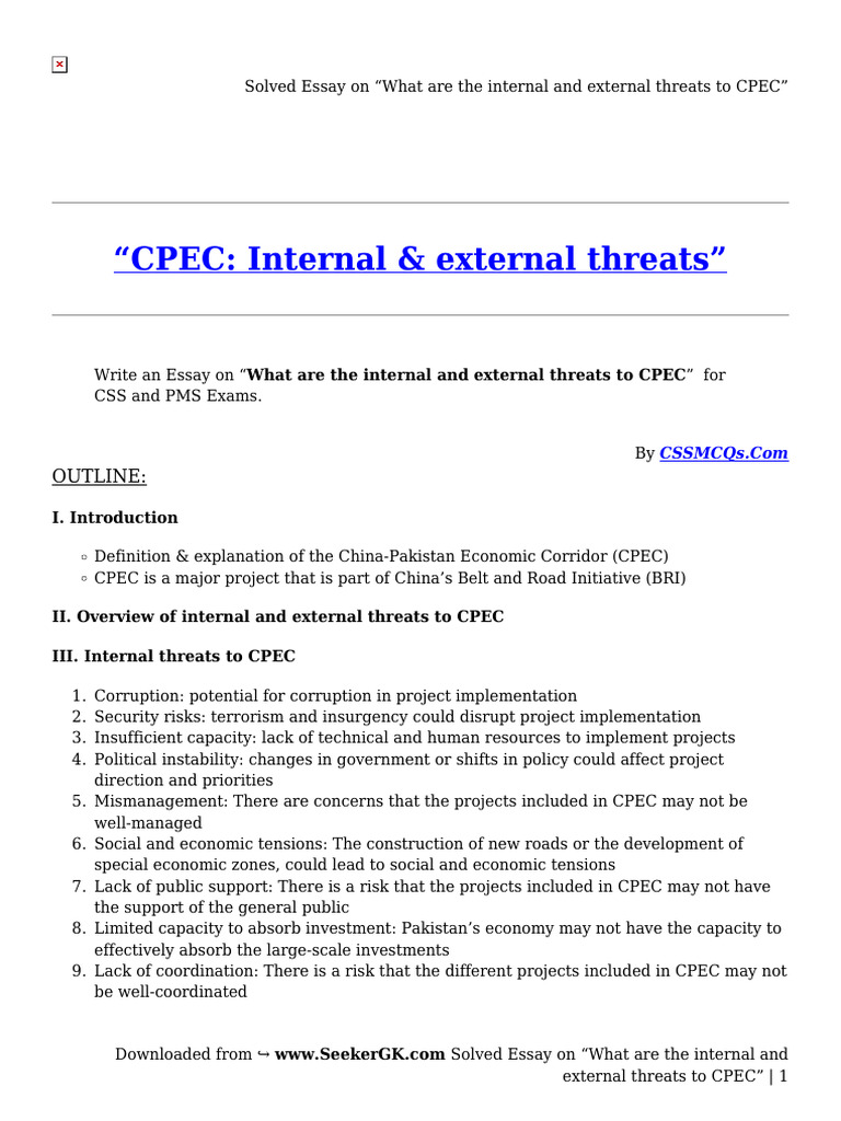 What Are The Internal and External Threats To CPEC | PDF