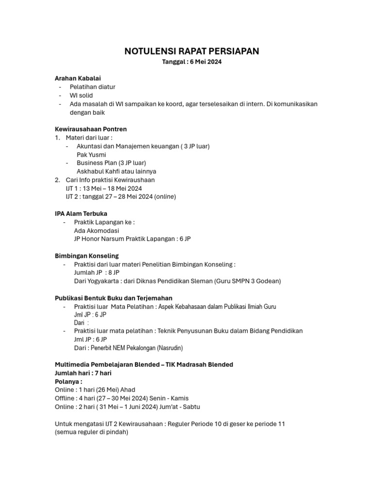 Notulensi Rapat Persiapan 6 Mei 2024 | PDF