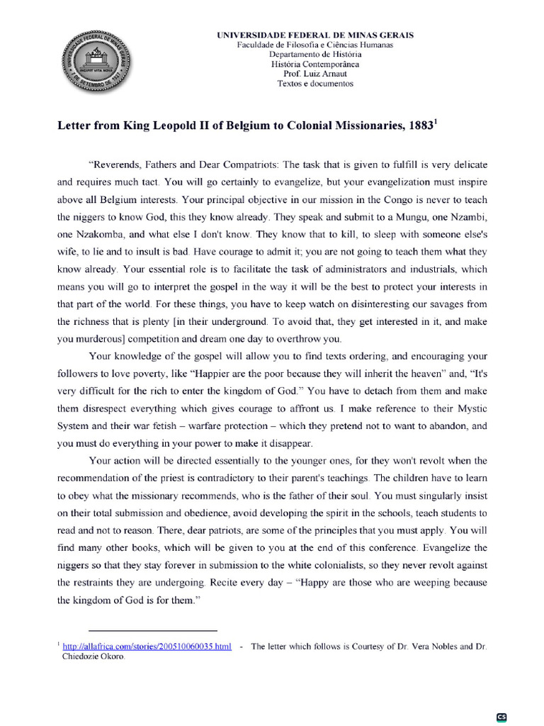 Letter Leopold II To Colonial Missionaries | PDF