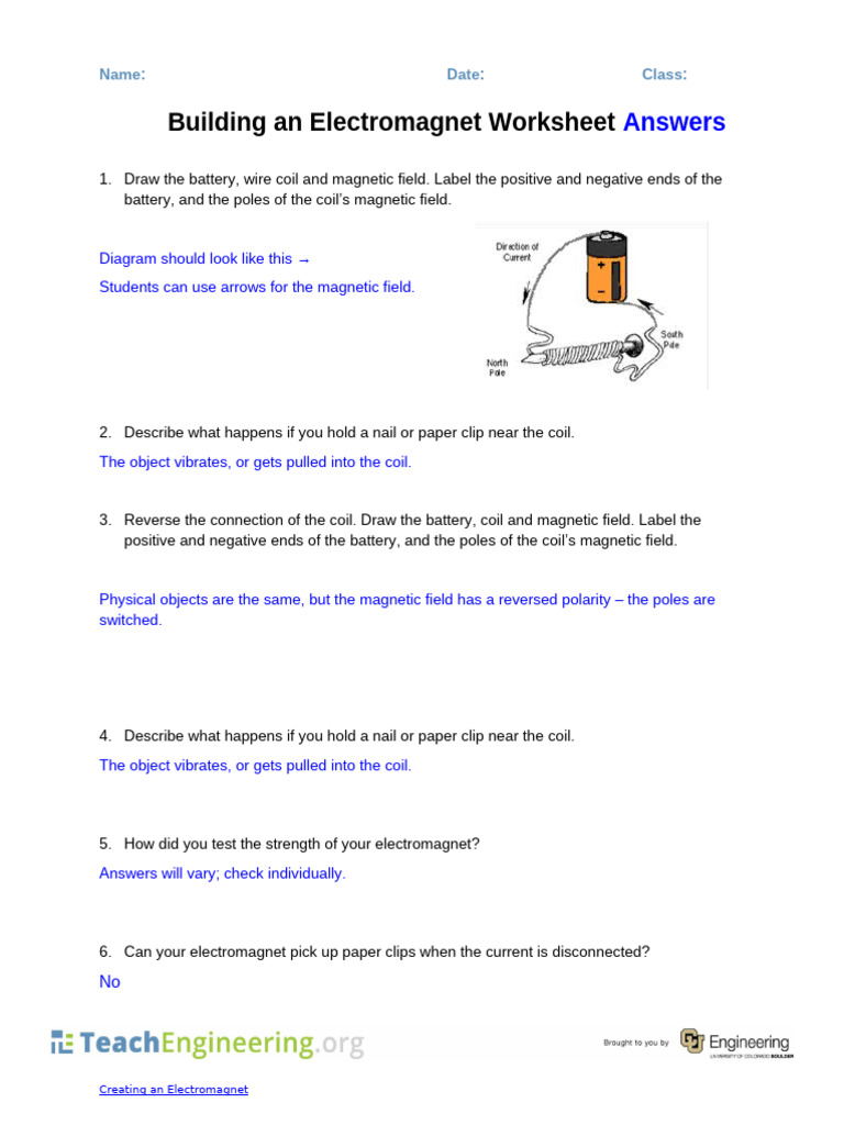 Cub Mag Lesson2 Activity1 Electromagnet Worksheet Answers v1 Sas | PDF