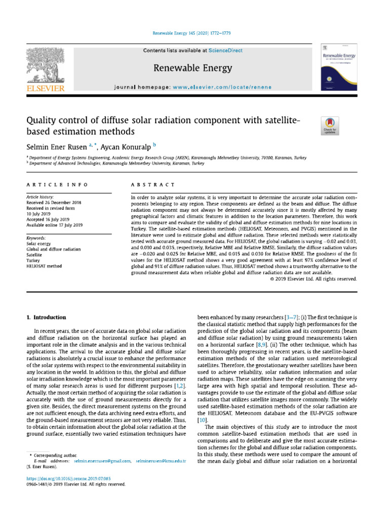 Quality Control of Diffuse Solar Radiation Component With Satellitebased Estimation Methods | PDF