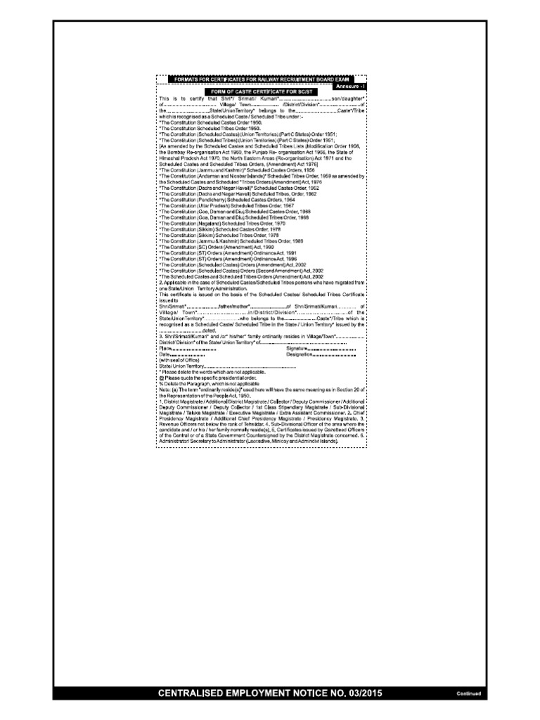Form of Certificate For SC ST | PDF