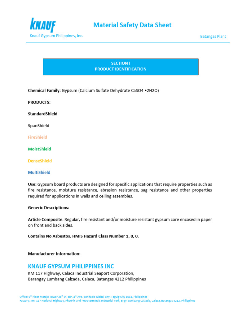 Knauf Gypsum Boards Material Safety Data Sheet Pdf