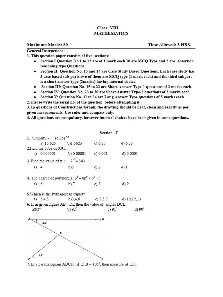 VIII Sample Paper - Mathematics | PDF