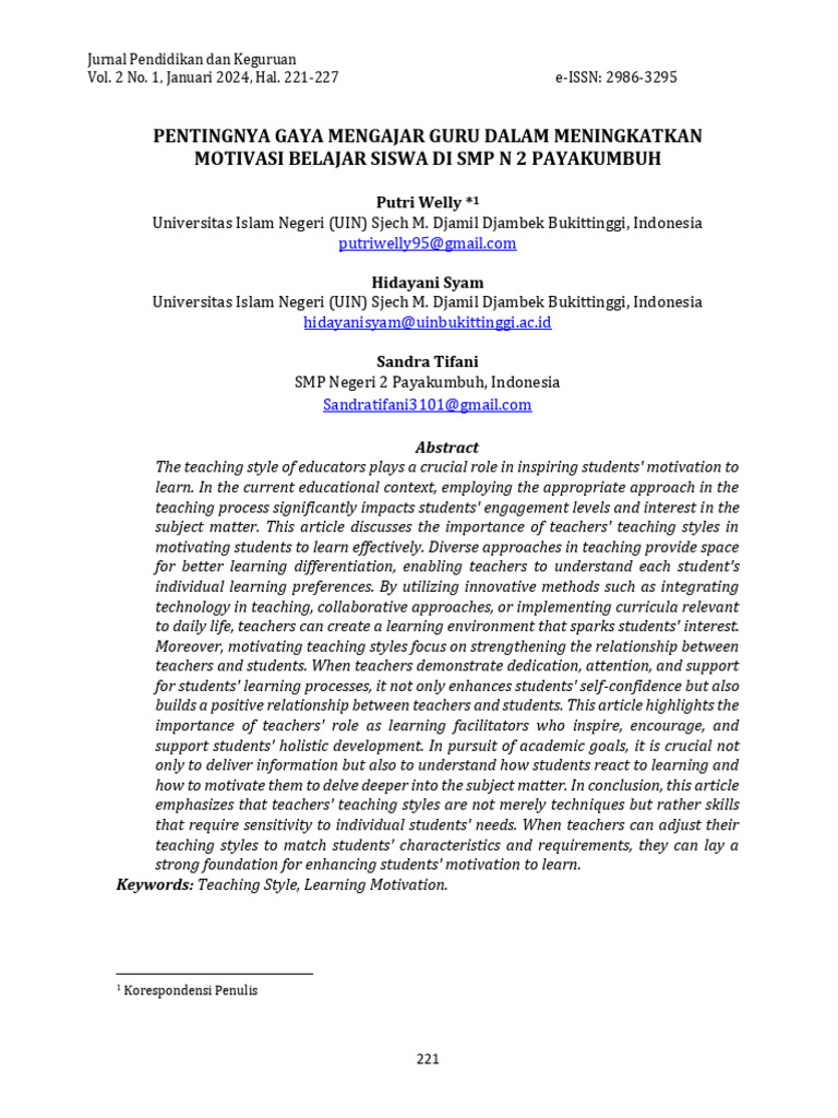 Pentingnya Gaya Mengajar Guru Dalam Meningkatkan Motivasi Belajar Siswa Di SMP N 2 Payakumbuh | PDF