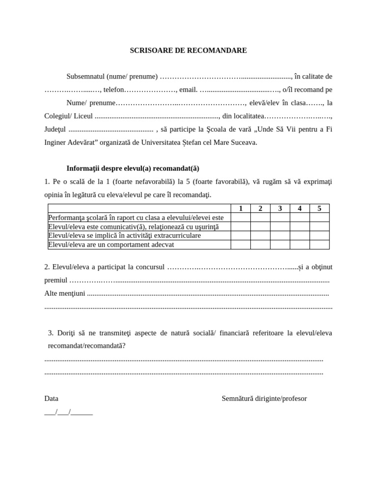 Scrisoare de Recomandare Diriginte | PDF