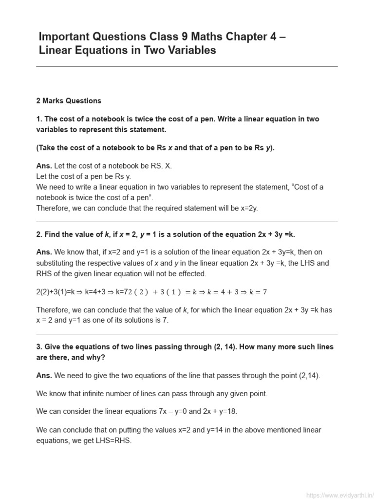 Important Questions Class 9 Maths Chapter 4 | PDF
