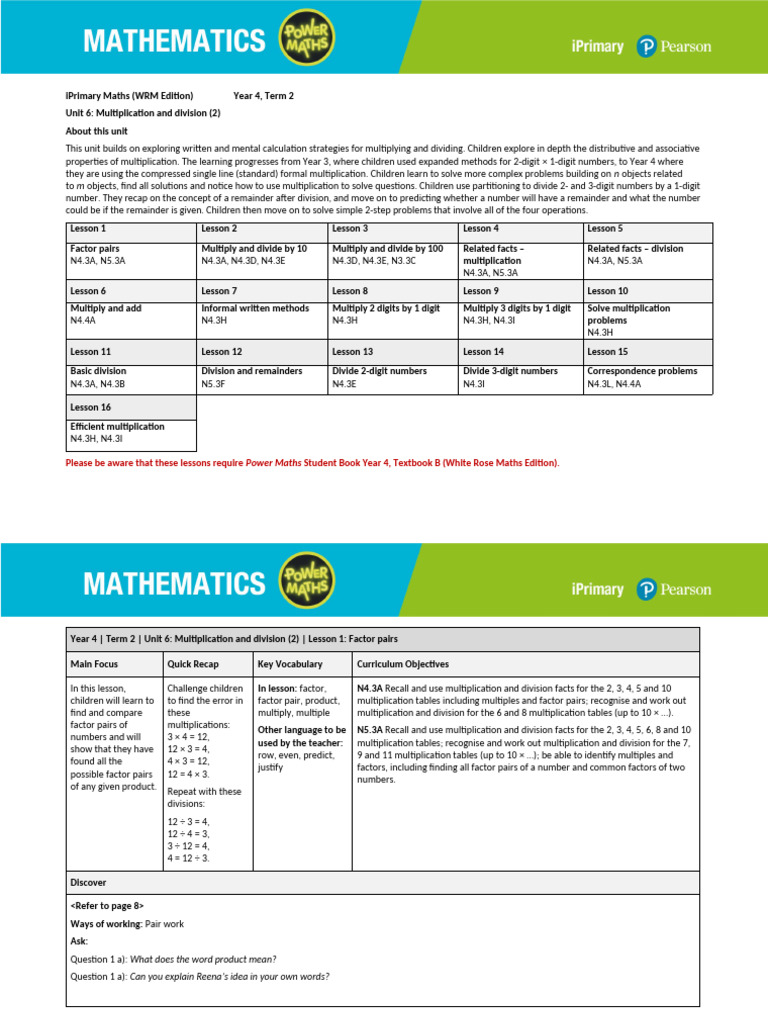 Ip Maths LP WRM Y4 t2 U6 To U10 | PDF | Multiplication | Mathematics