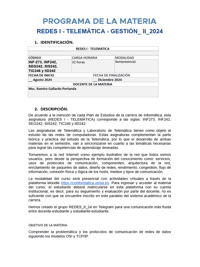 Programa de La Materia INF273 - II - 24 | PDF | Red de computadoras | Tecnología