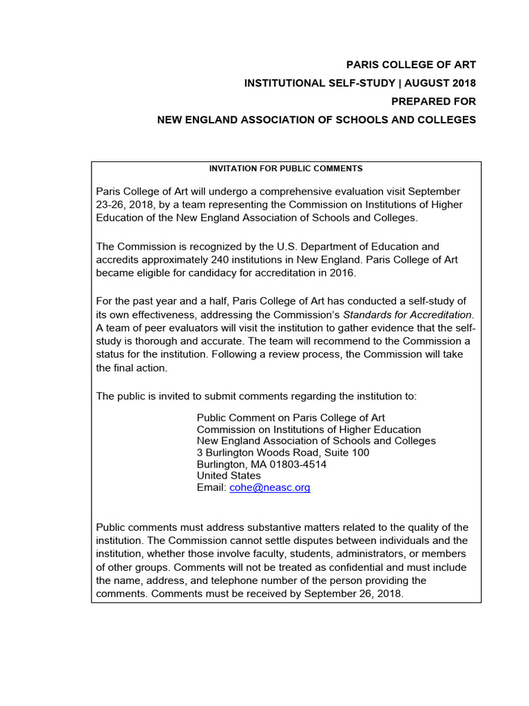 2018 NEASC PCA Institutional Self-Study For Public Commentary | PDF