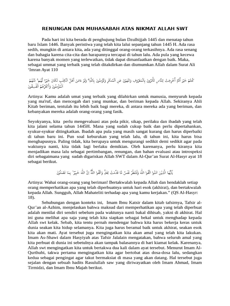 Renungan Dan Muhasabah Atas Nikmat Allah SWT | PDF