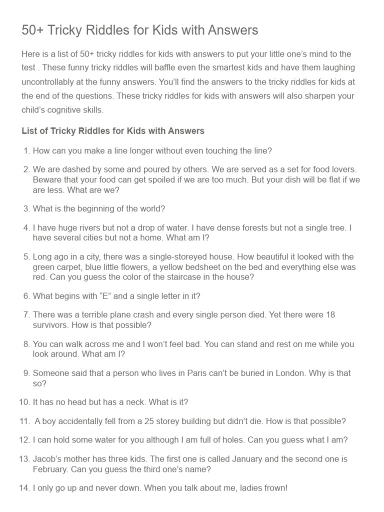 50+ Tricky Riddles For Kids With Answers | PDF