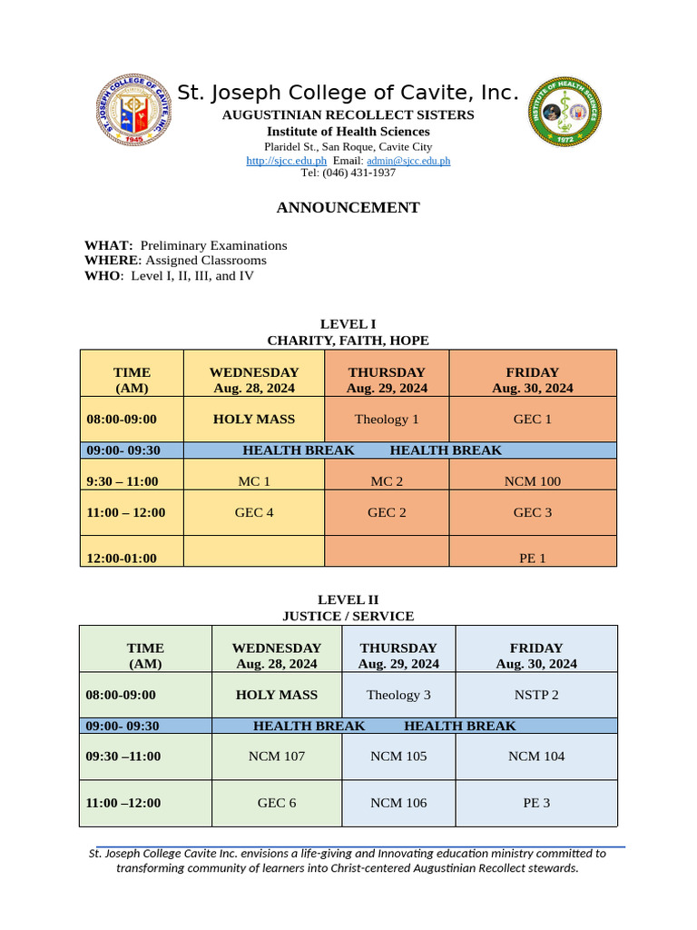 Prelim Examination Schedule 1 | PDF