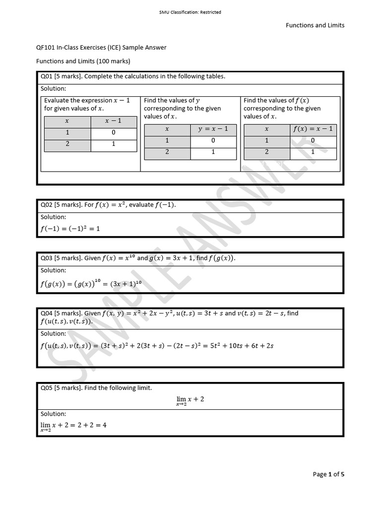 Sample Answer QF101 ICE M02 Functions and Limits 20230907 | PDF