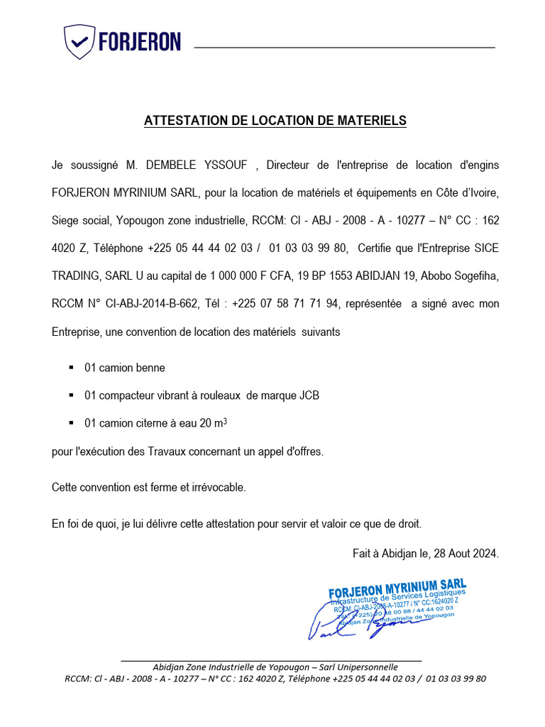 Attestation de Location de Materiels 0-1 | PDF
