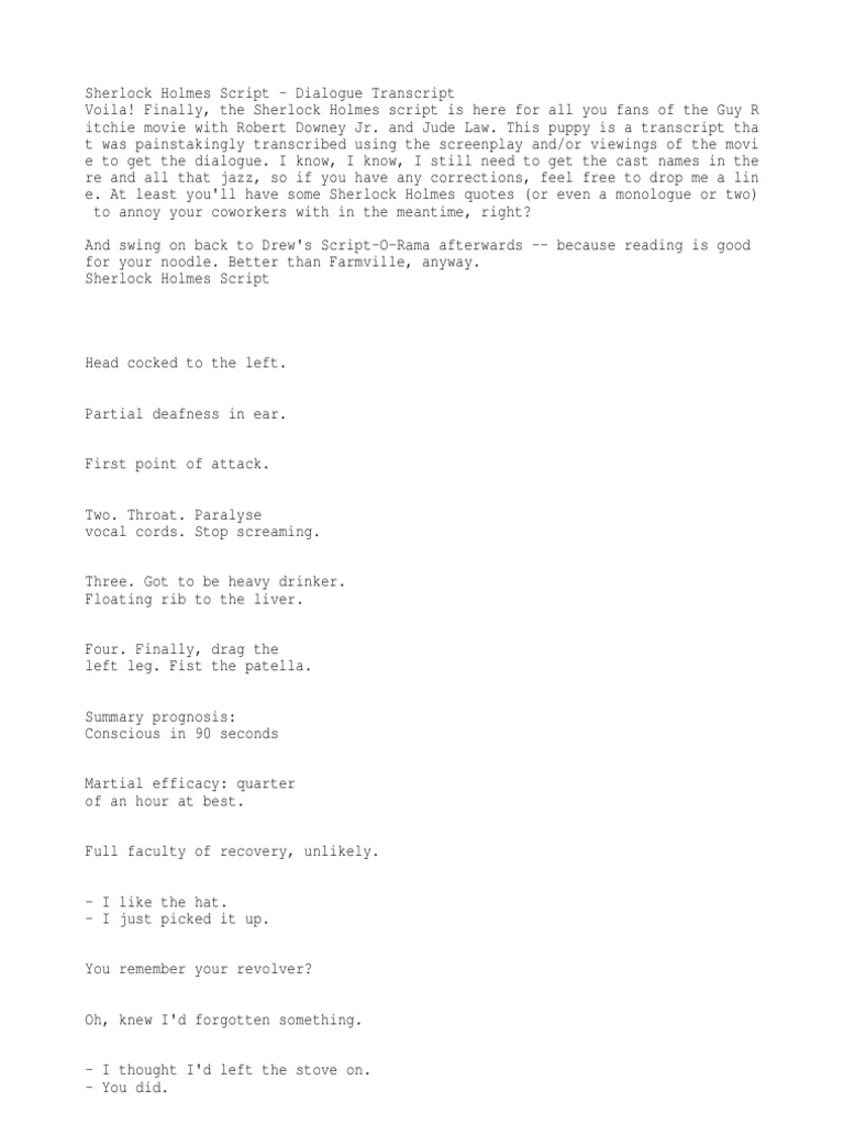 Sherlock Holmes Script - Dialogue Transcript | Sherlock Holmes | Dr ...