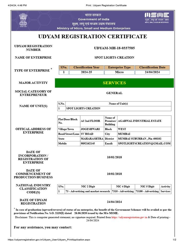 Print - Udyam Registration Certificate | PDF