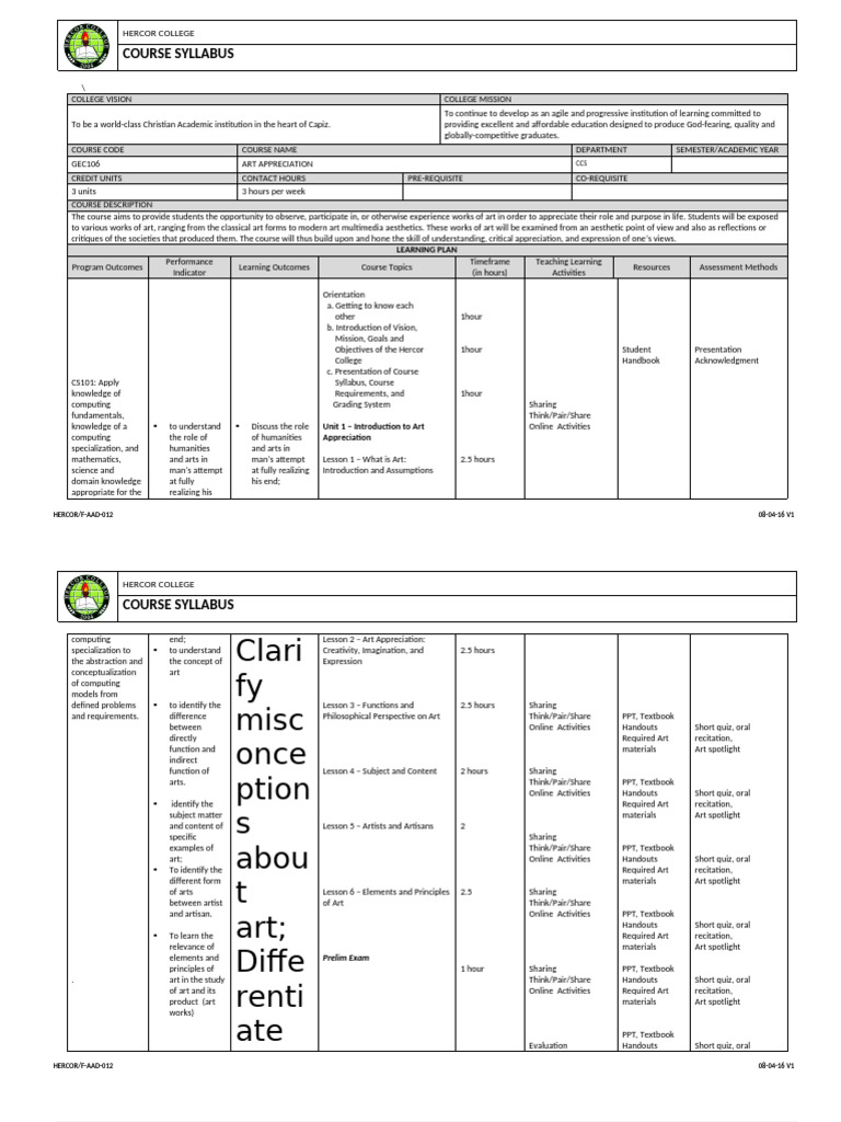 Syllabus GEC 106 (Arts Appreciation) | PDF | Knowledge | Function ...