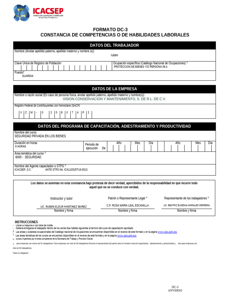 FORMATO DC3 EN BLANCO VISION 2 | PDF