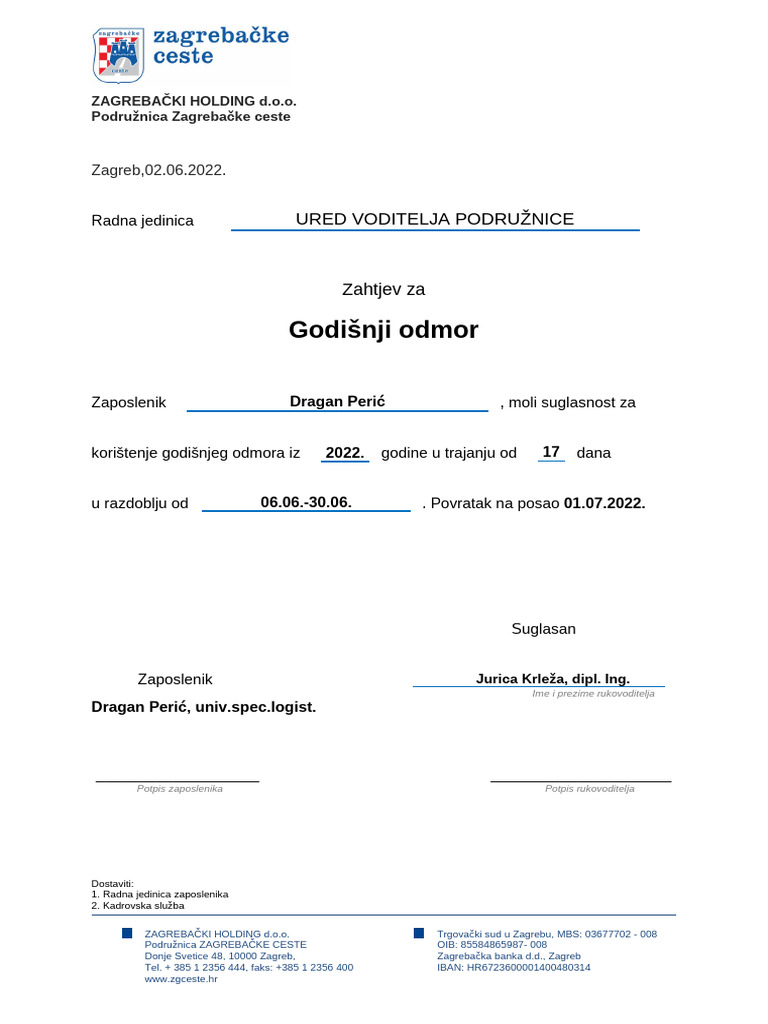 OBRAZAC - Zahtjev Za Korištenje Godišnjeg Odmora 2022 | PDF