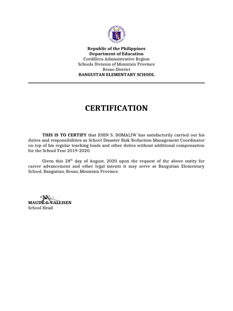 Certification of DRRM | PDF
