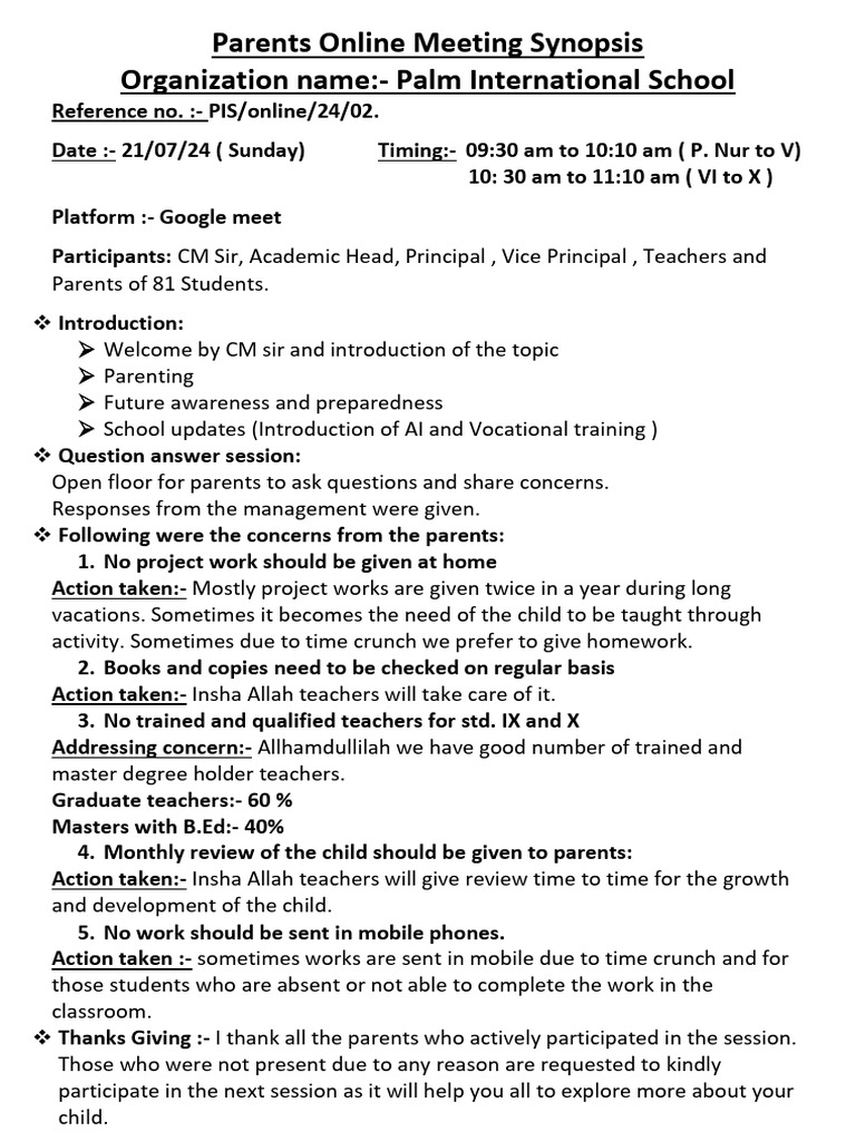 Parents Meeting Synopsis - July 2024 | PDF