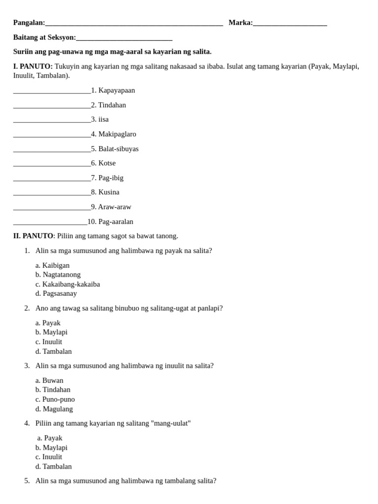 Pagsusulit Sa Filipino 6 | PDF