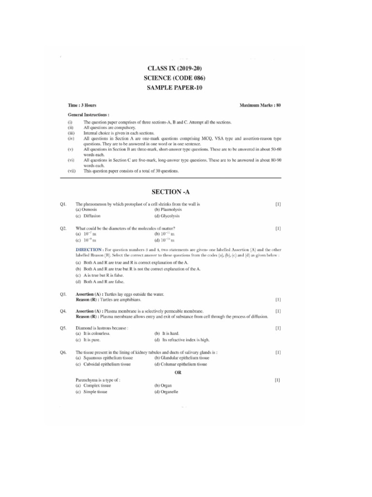 Cbse Science Class 9 Paper 1 | PDF