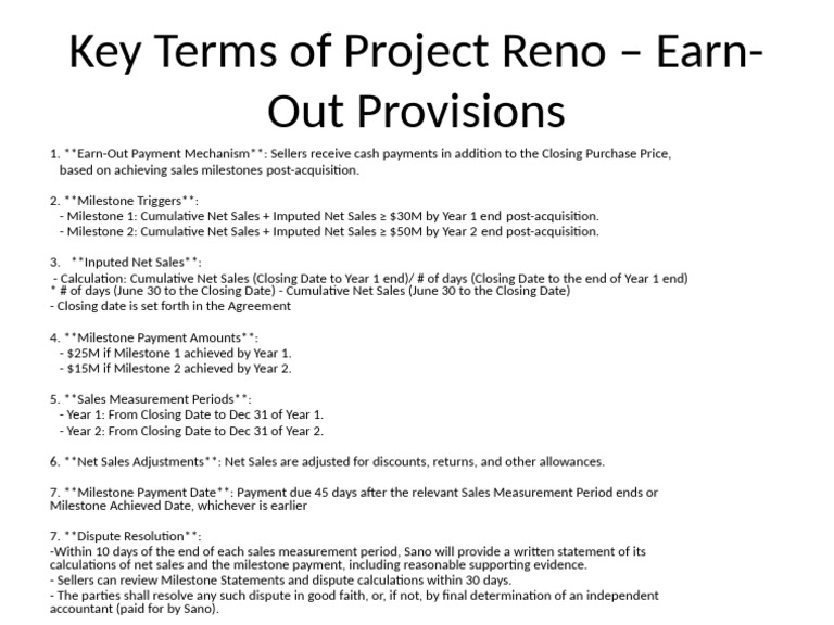 Project Reno Earn Out Provisions Summary | PDF