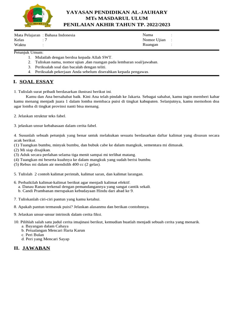 Soal Ujian Bhs. Indonesia Kls 7 Smt. 2 TP 2023-2024 1 | PDF