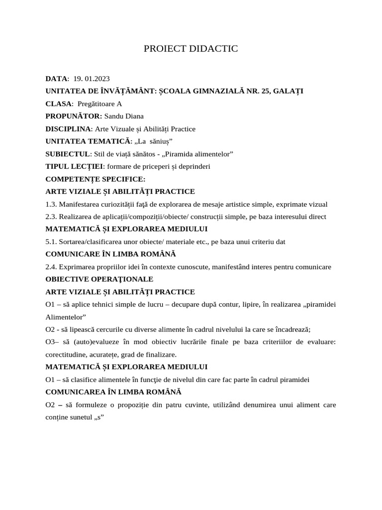 PROIECT DIDACTIC AVAP 19 IAN SANDU Diana | PDF