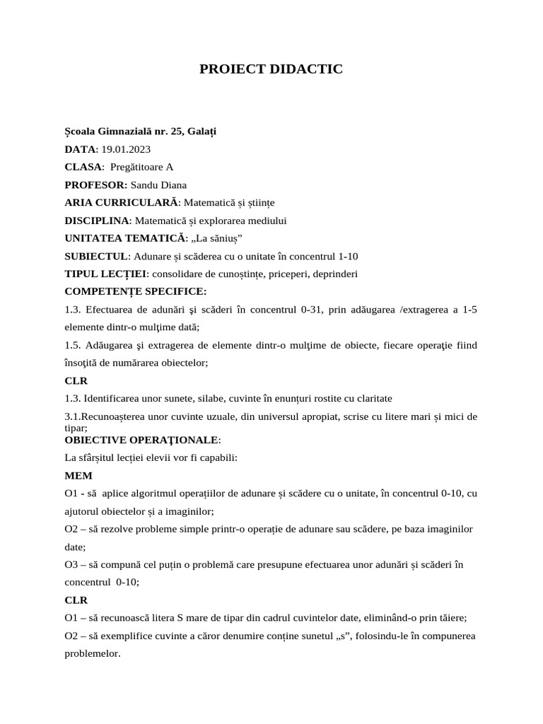 Proiect Didactic MEM 19 Ian SANDU Diana | PDF
