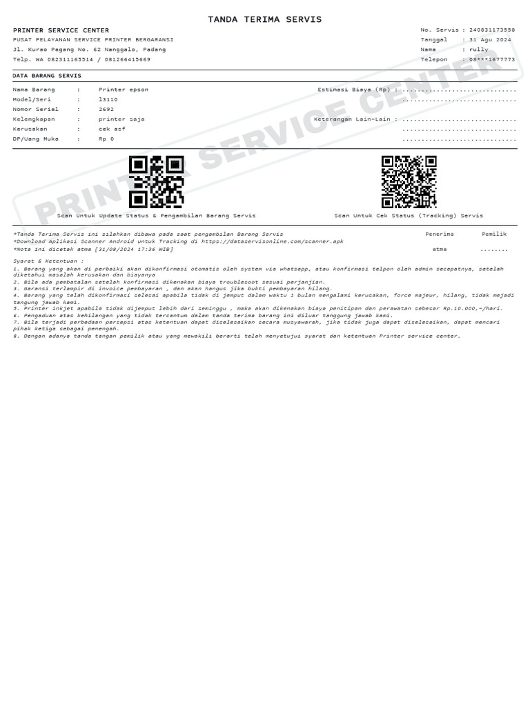 Tanda Terima Servis #240831173558 - PRINTER SERVICE CENTER | PDF