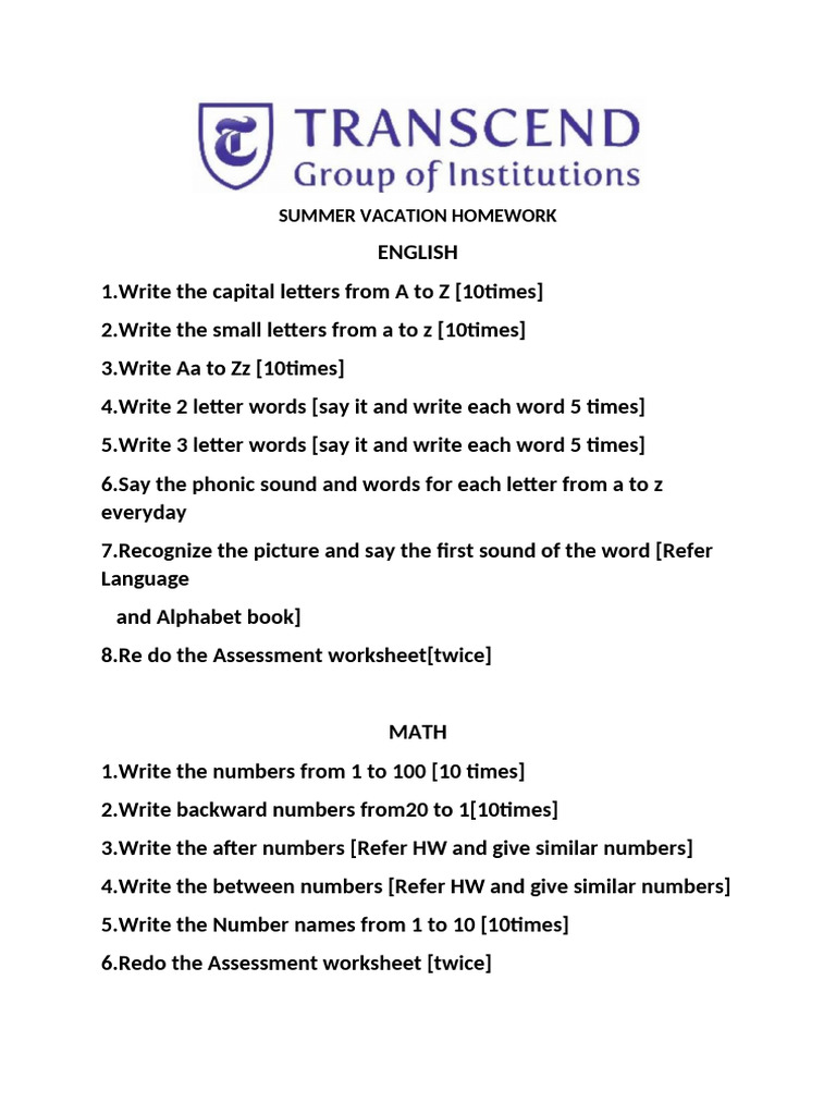 LKG - Summer Vacation Homework | PDF